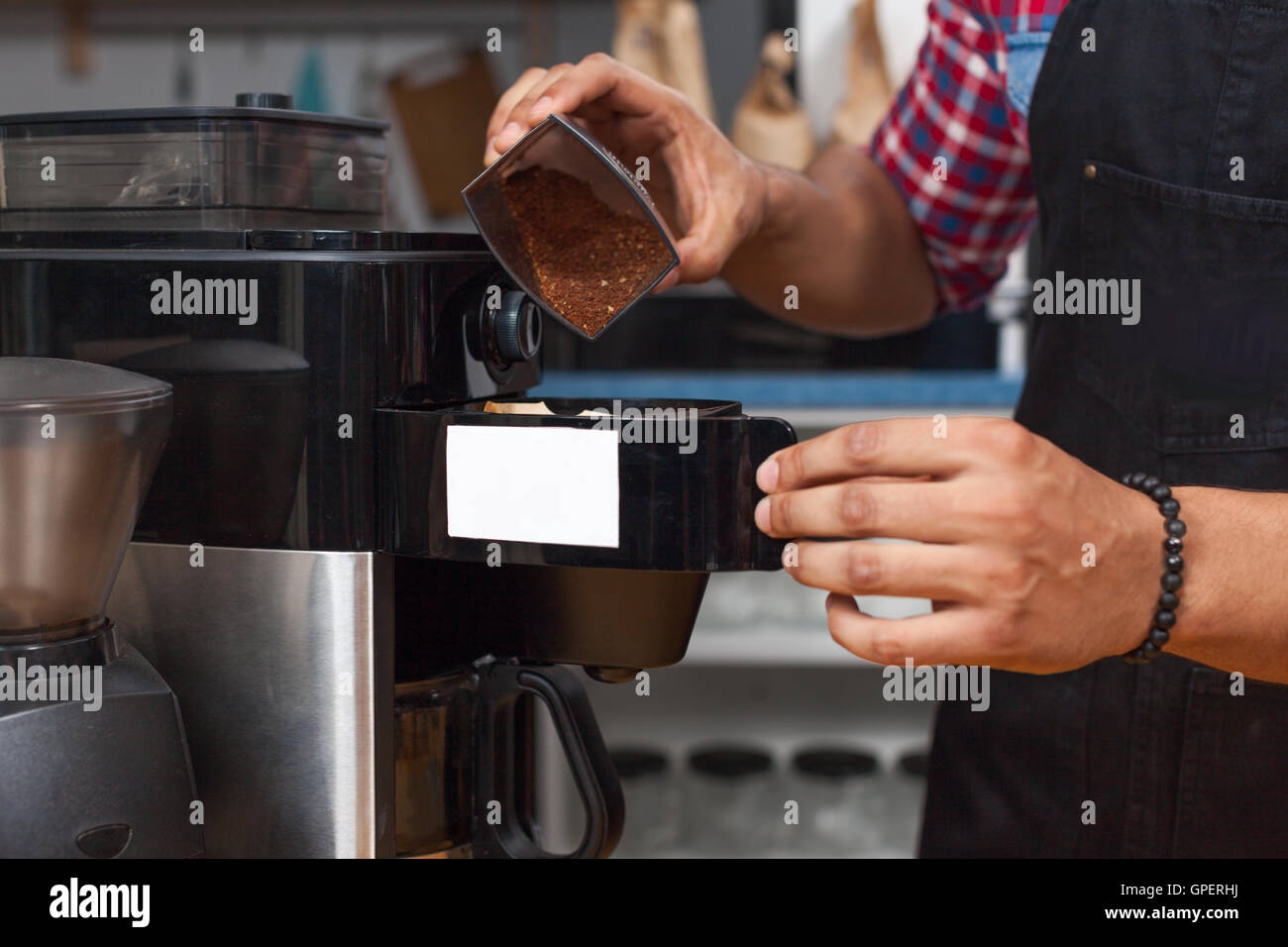 Barista making coffee shop staff male hands Stock Photo - Alamy