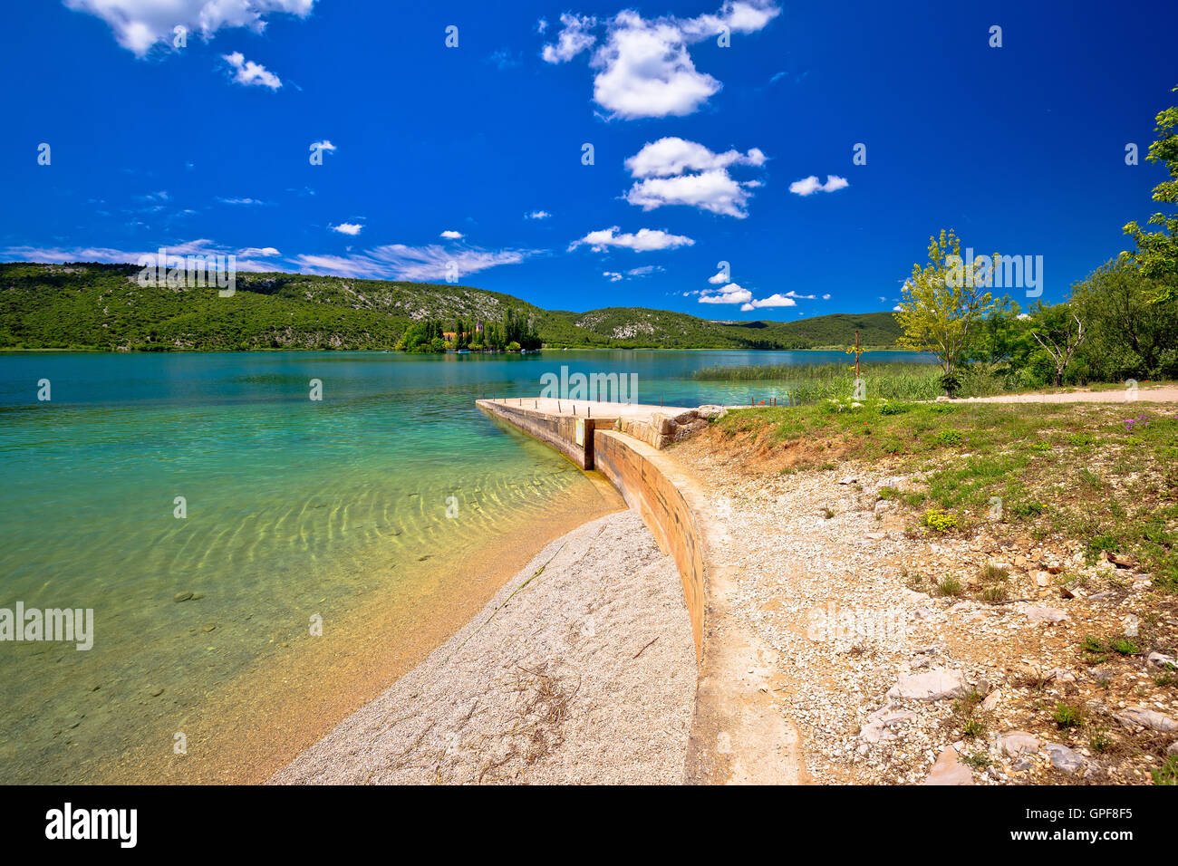 Visovac lake beach in Krka river national park, Dalmatia, Croatia Stock ...