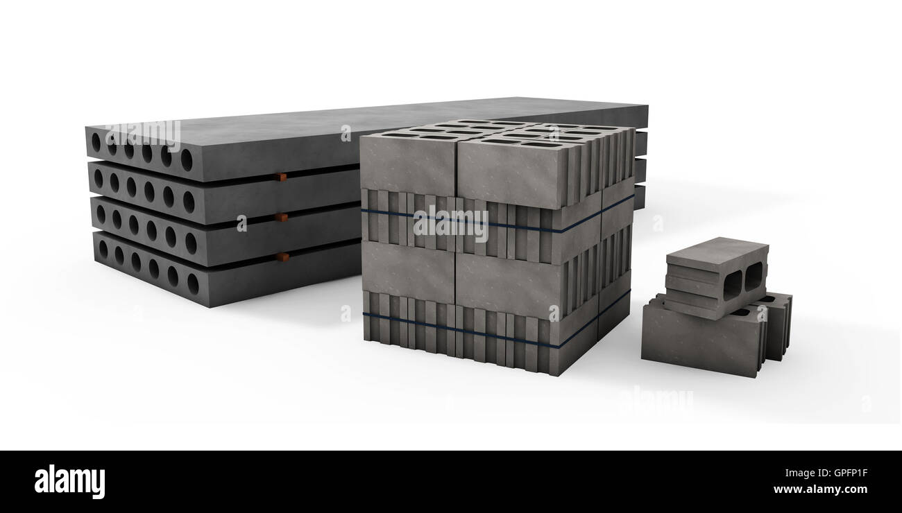 3d illustrator of pallets of concrete blocks and plates on a white ...