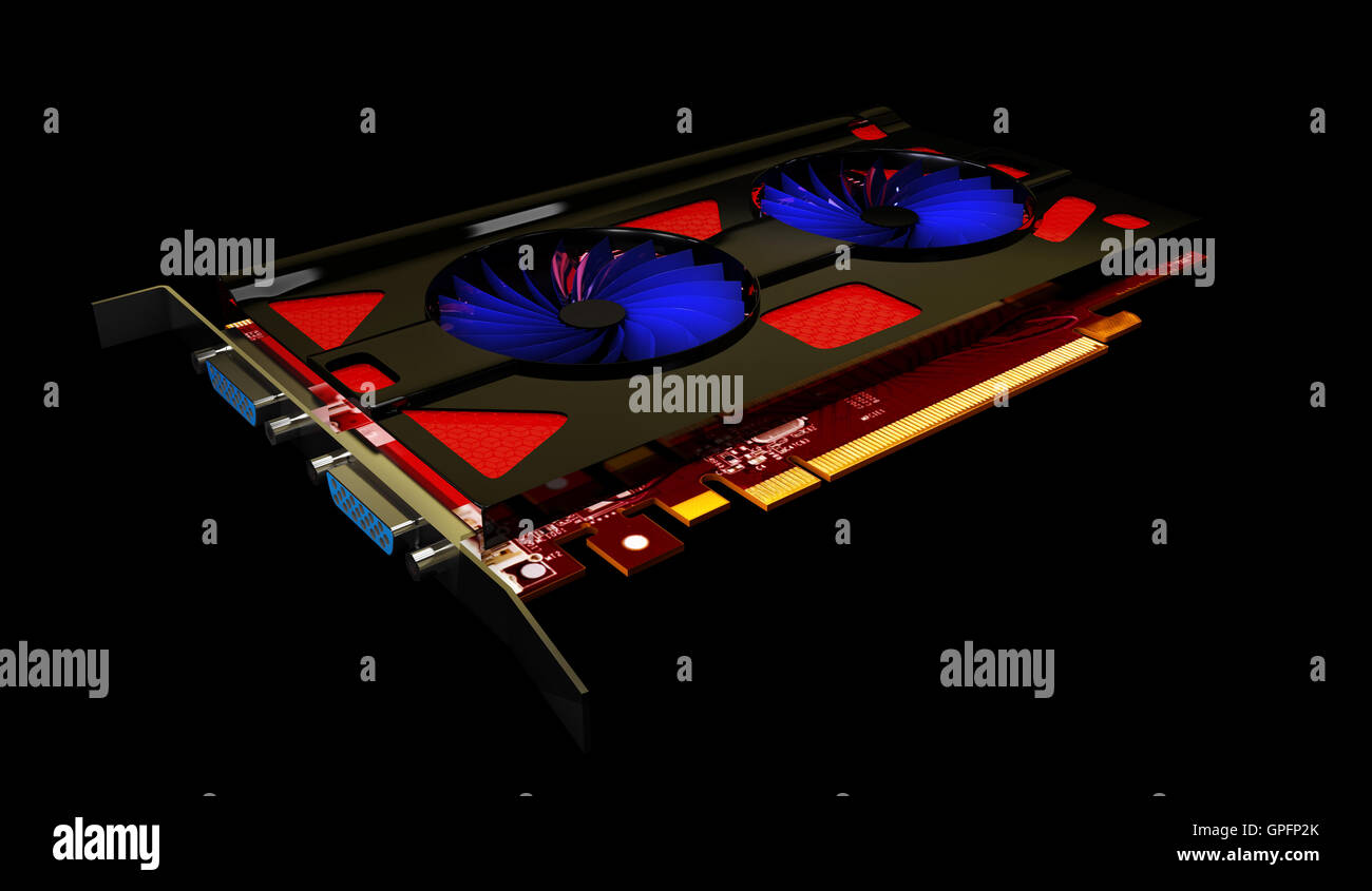 3d Illustrator of video card with two outputs on a black background ...