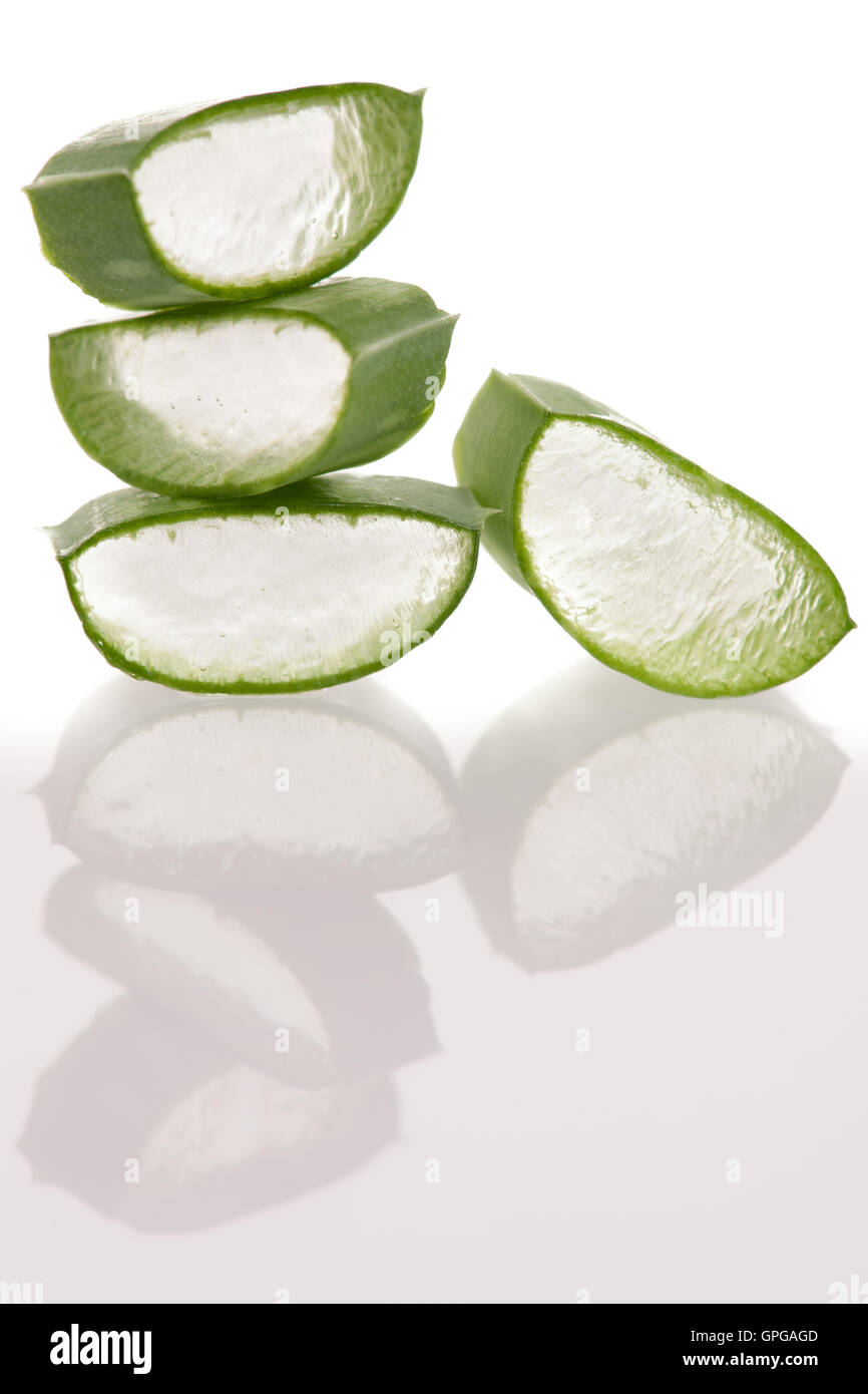 Aloe vera green fresh leafs sliced isolated over white background Stock ...