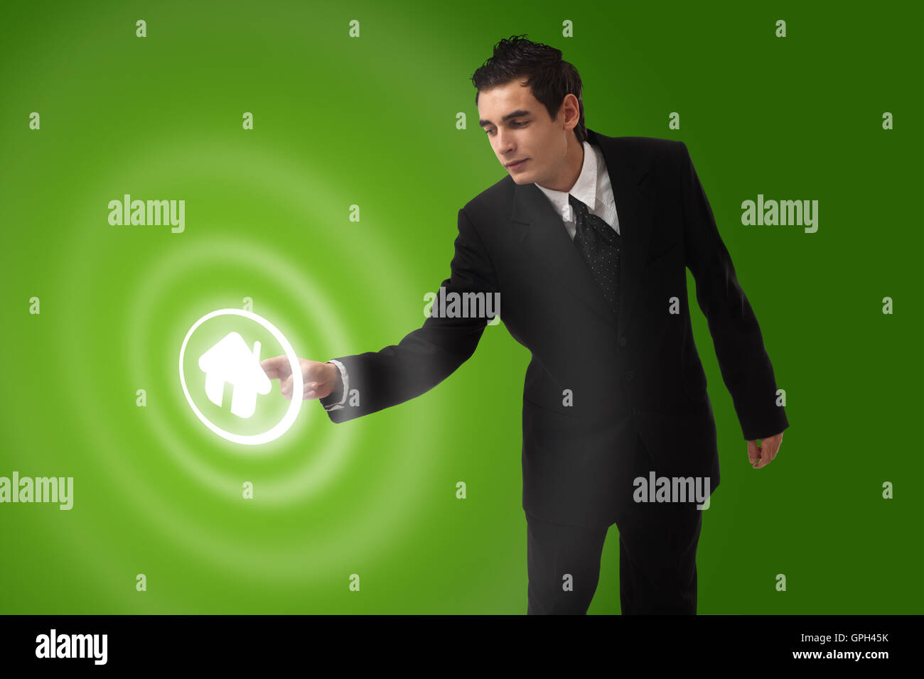 business man pressing button Stock Photo - Alamy