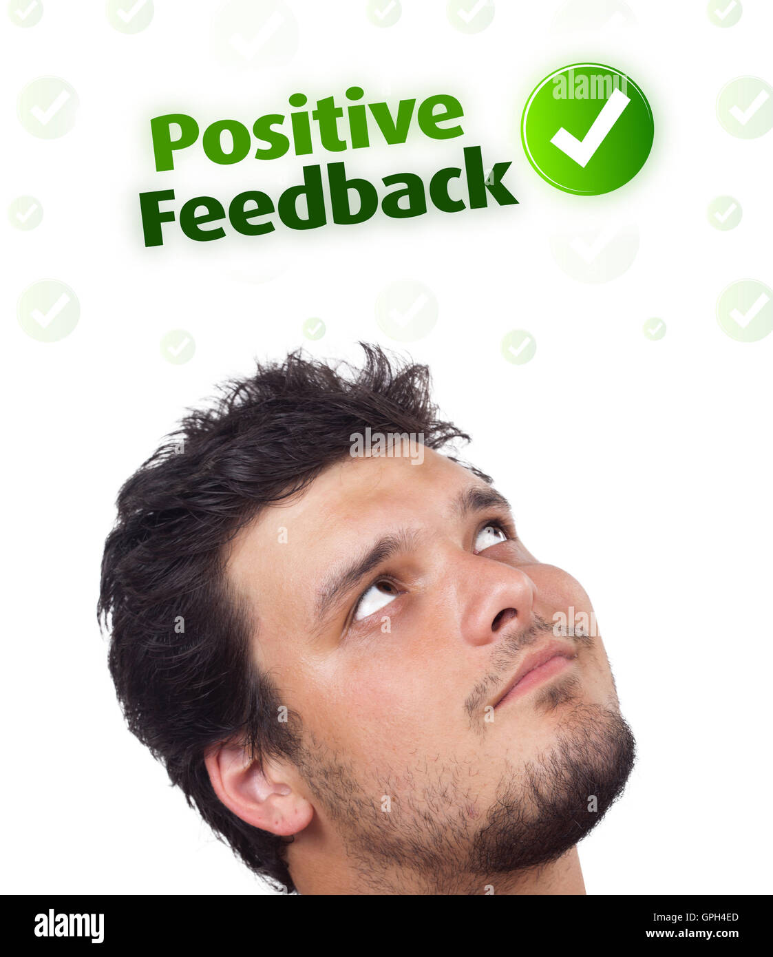 Young head looking at positive negative signs Stock Photo - Alamy