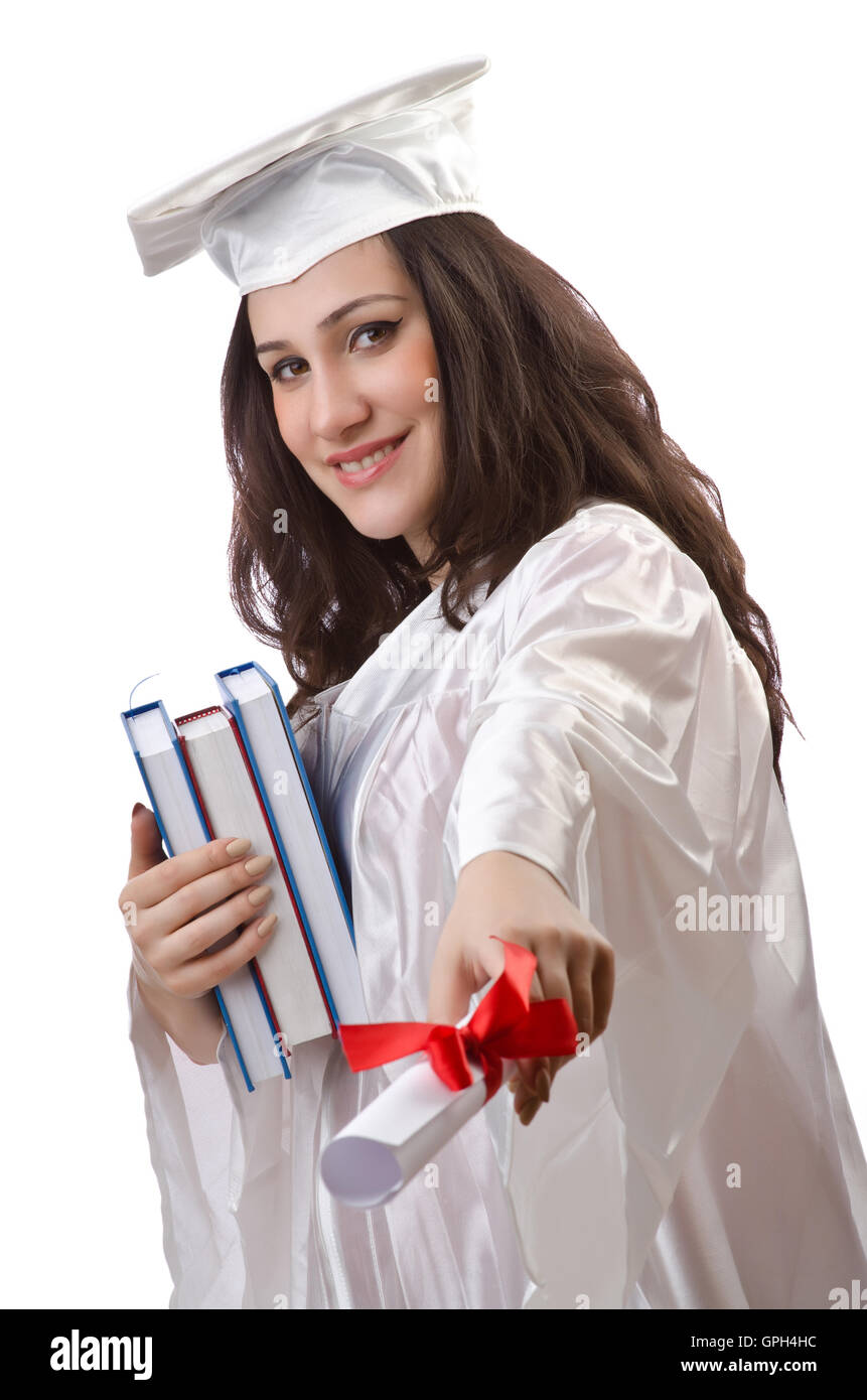 Happy graduate on white background Stock Photo - Alamy