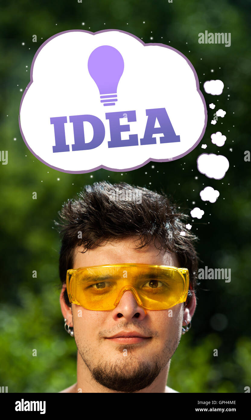 Young person looking at idea type of sign Stock Photo - Alamy