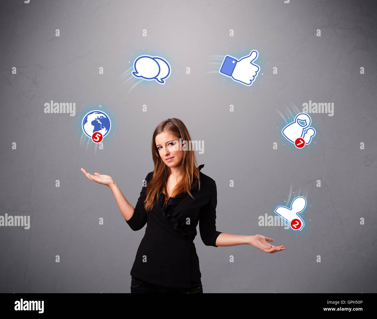 attractive young woman juggling with social network icons Stock Photo ...