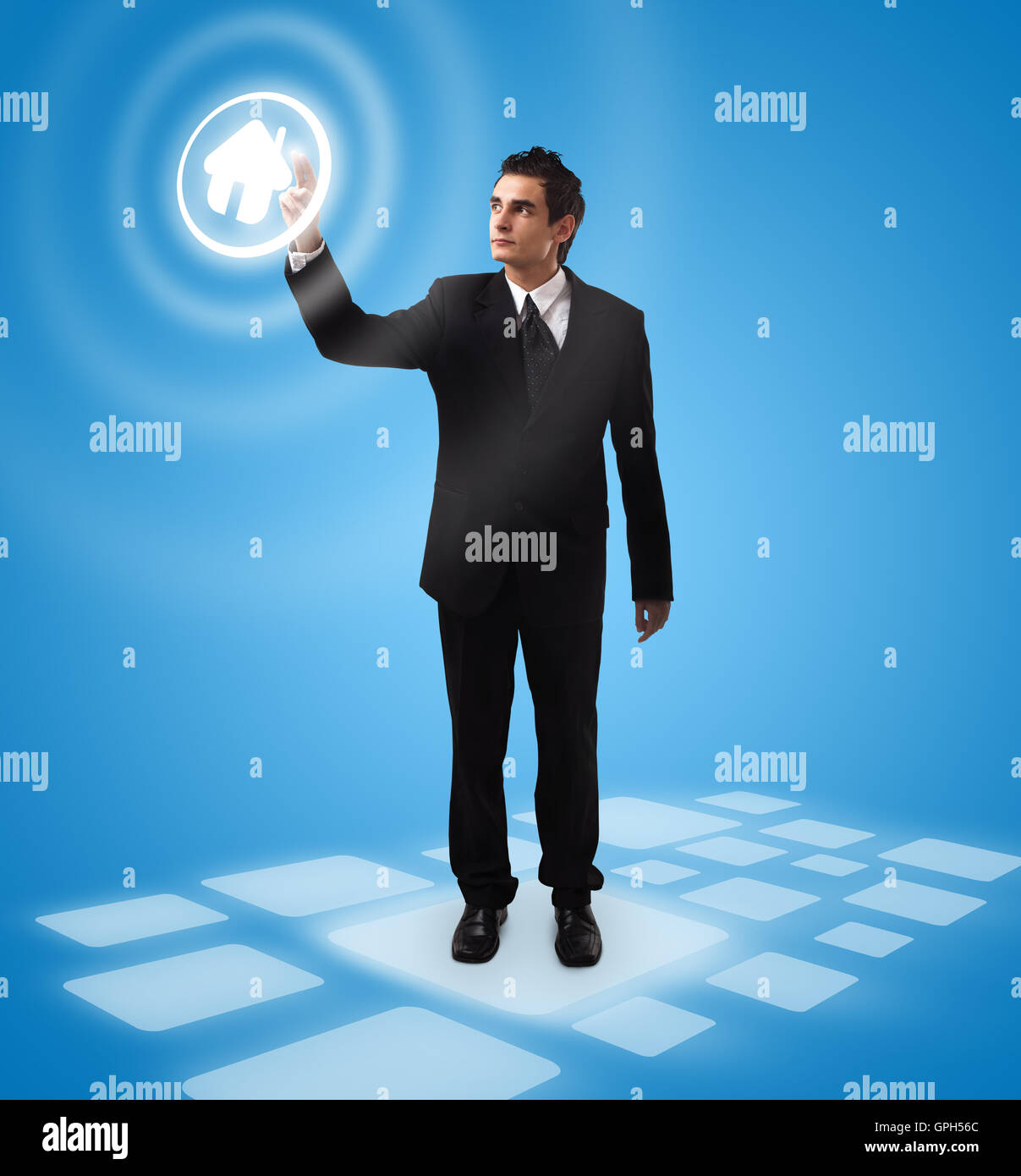 business man pressing button Stock Photo - Alamy