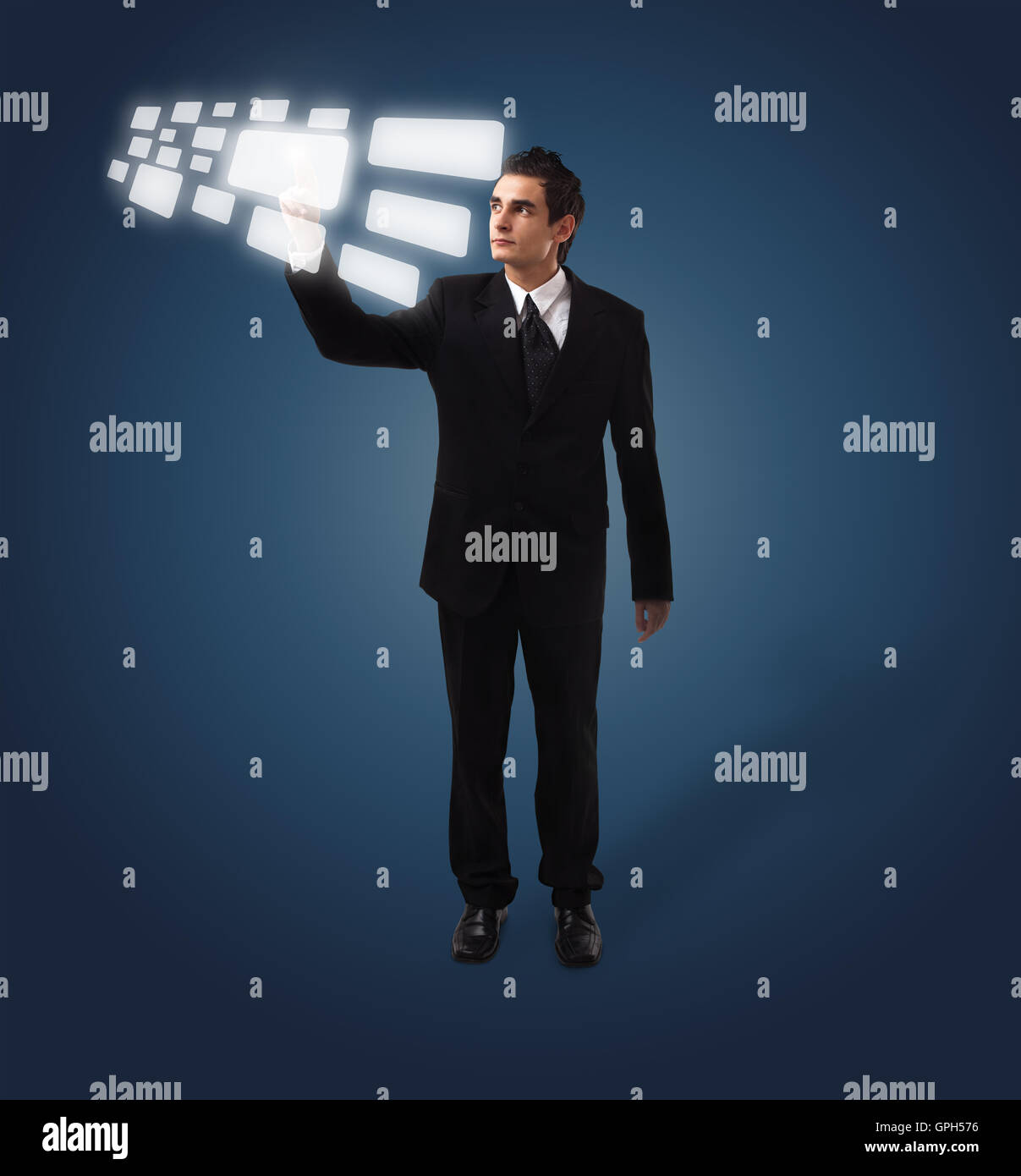 Business man pressing button Stock Photo - Alamy