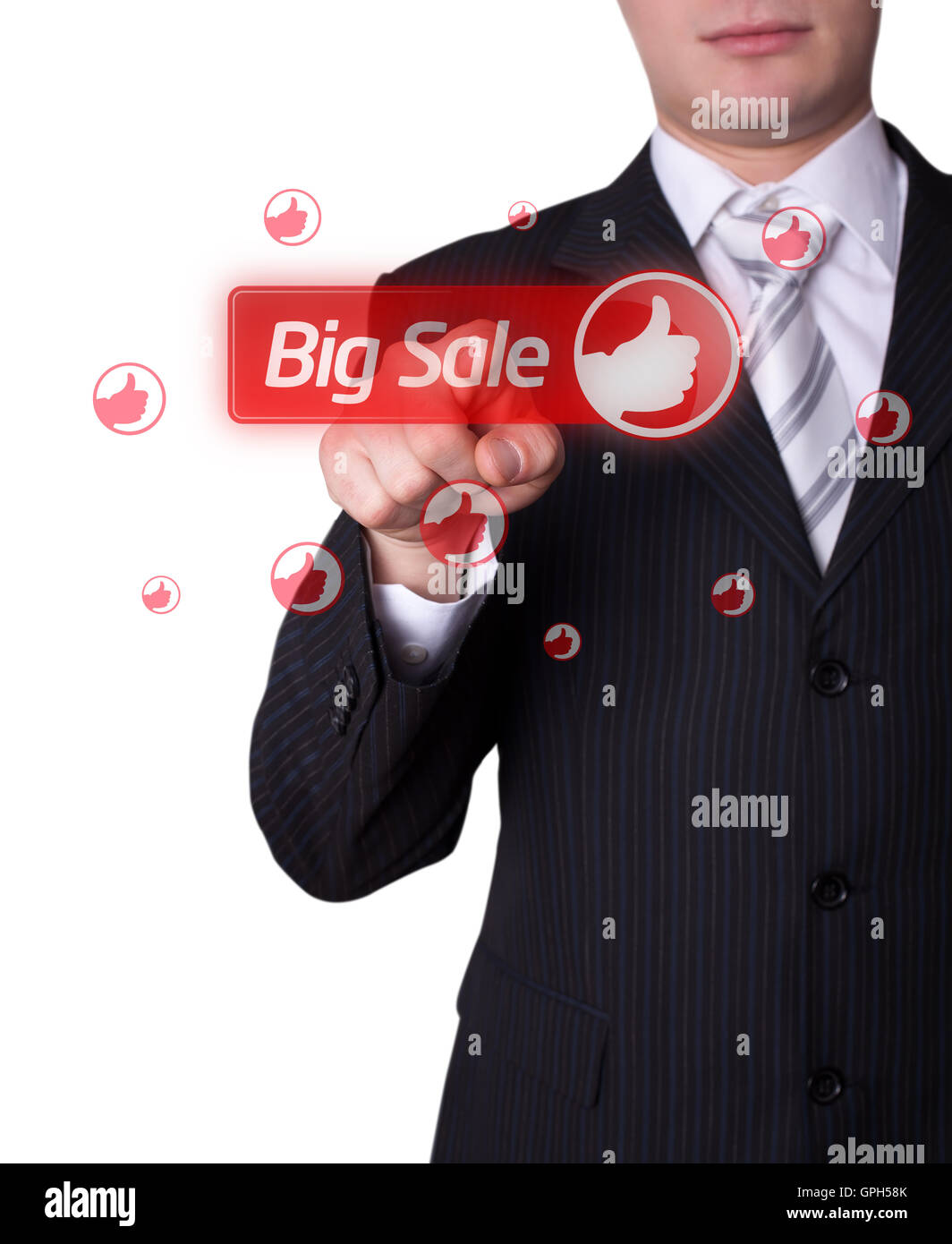 Man pressing BIG SALE button Stock Photo - Alamy