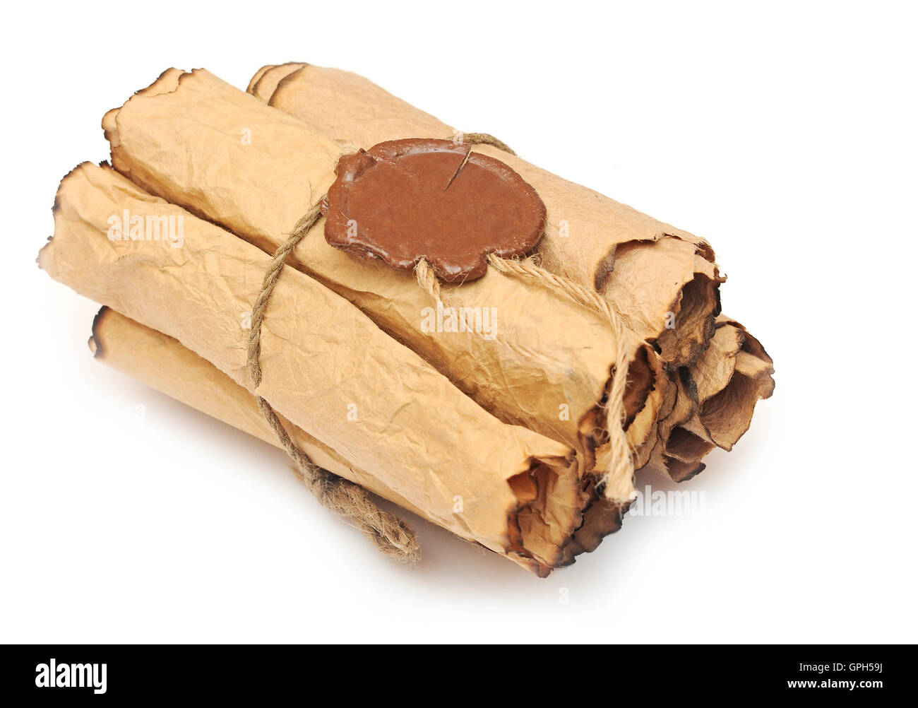 pile old paper scroll with a wax seal on a white background Stock Photo ...