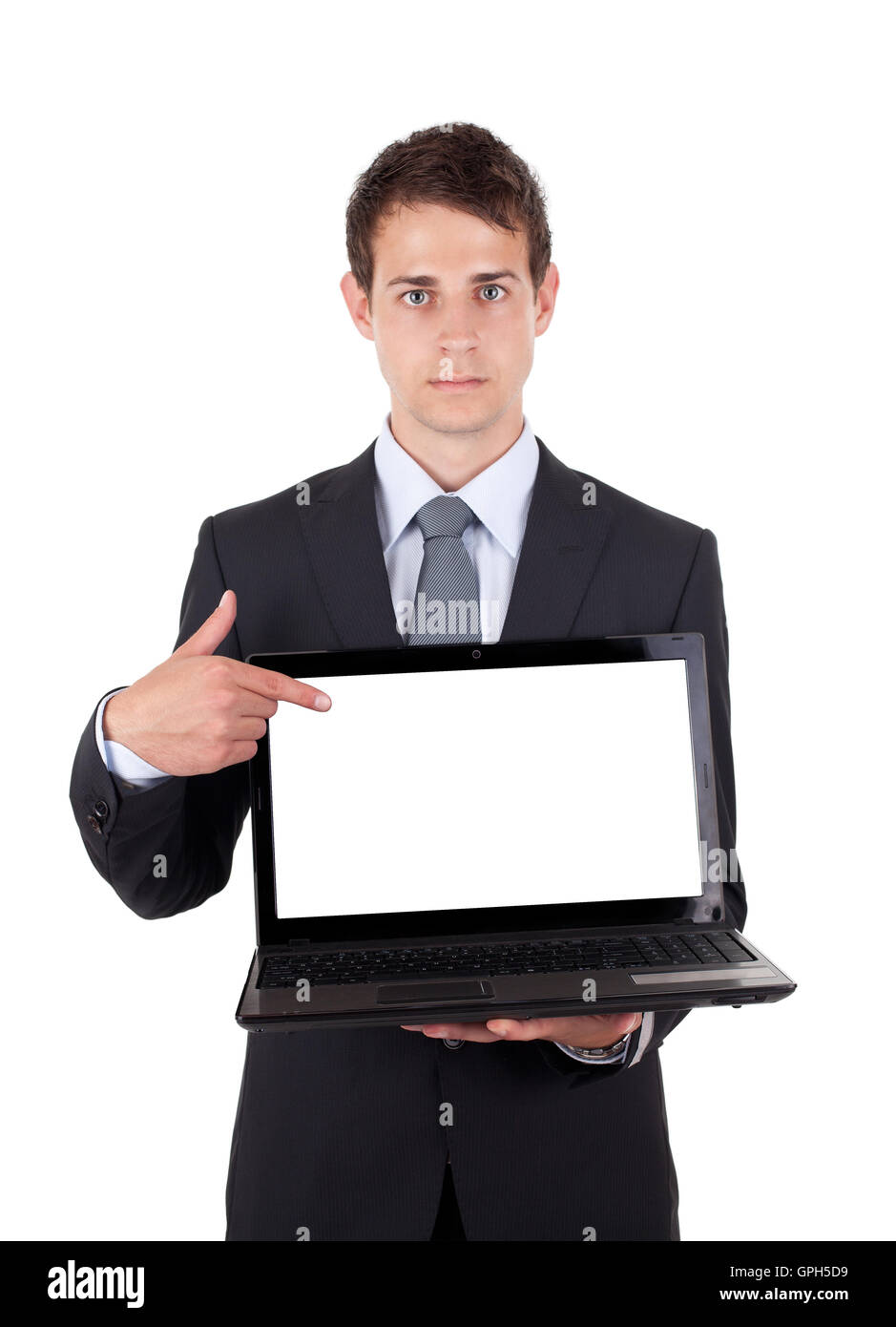 Business man pointing at a laptop computer Stock Photo - Alamy