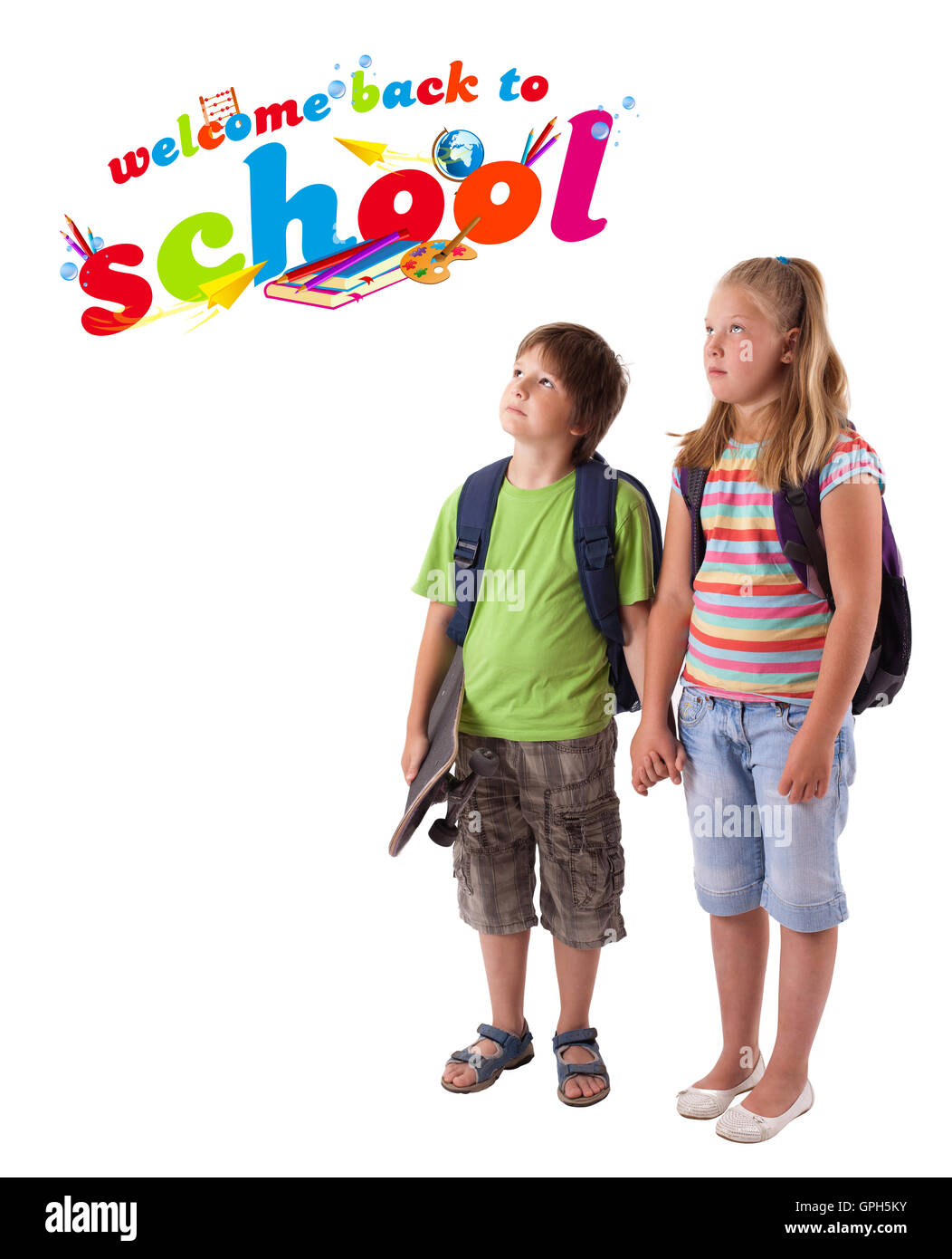 Kids looking with back to school theme isolated on white Stock Photo ...