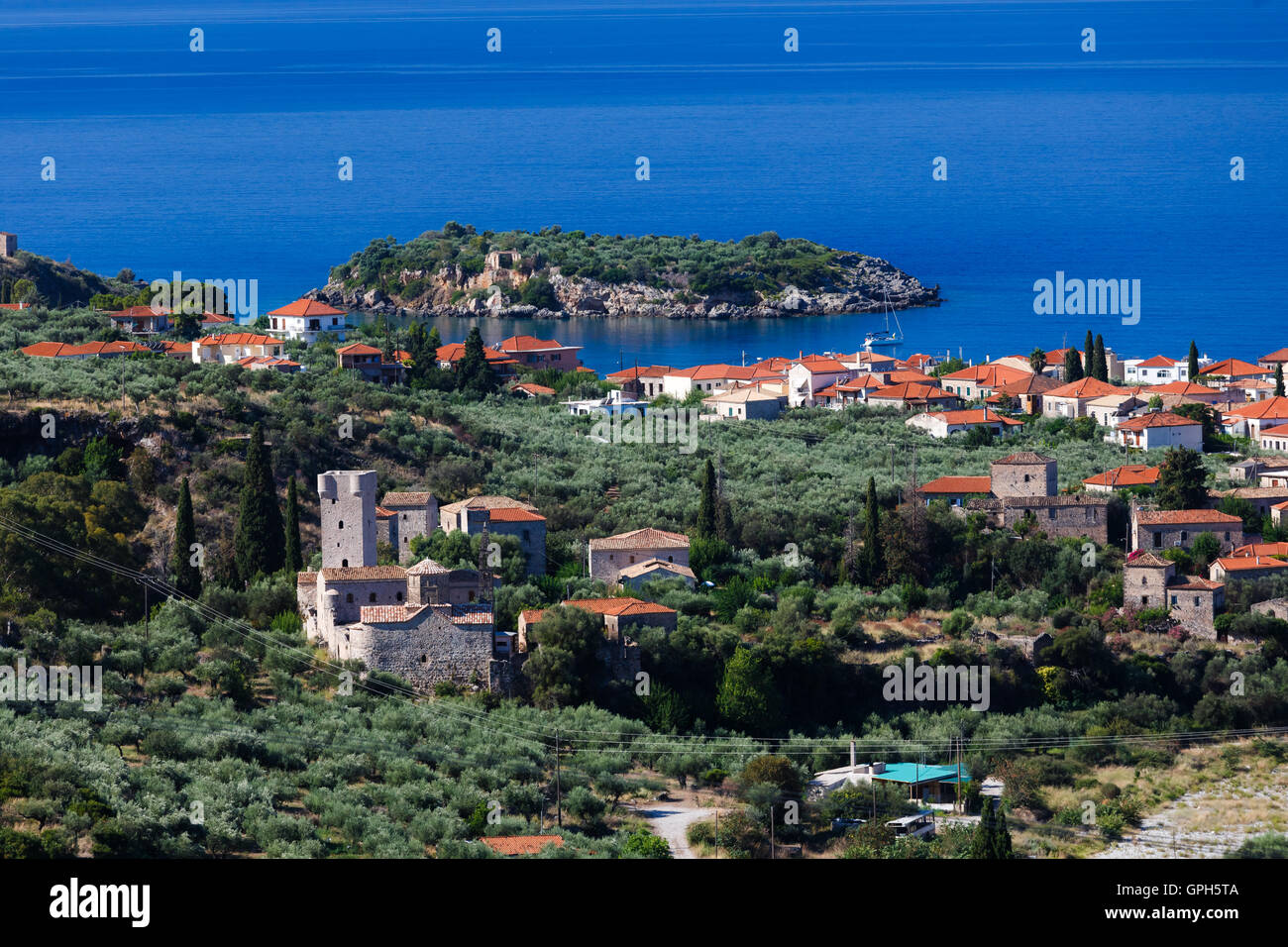 Panoramic view of Kardamyli town, a coastal town built by the Venetians ...