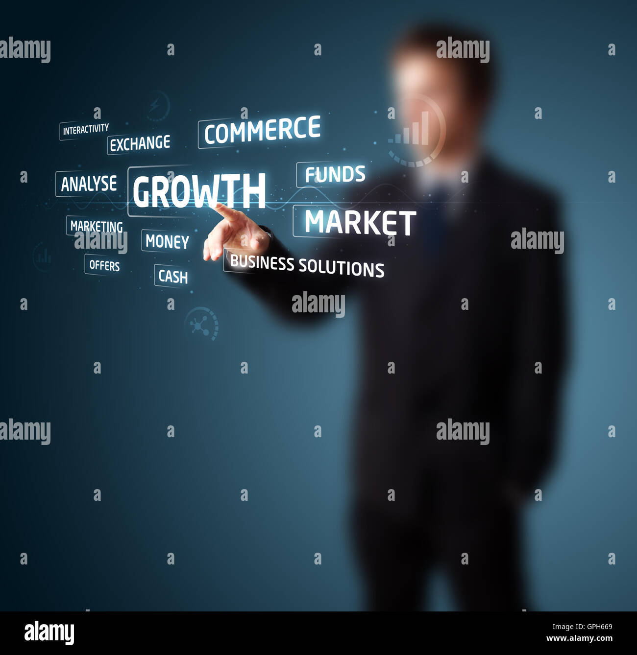 Businessman pressing modern business type of buttons Stock Photo - Alamy
