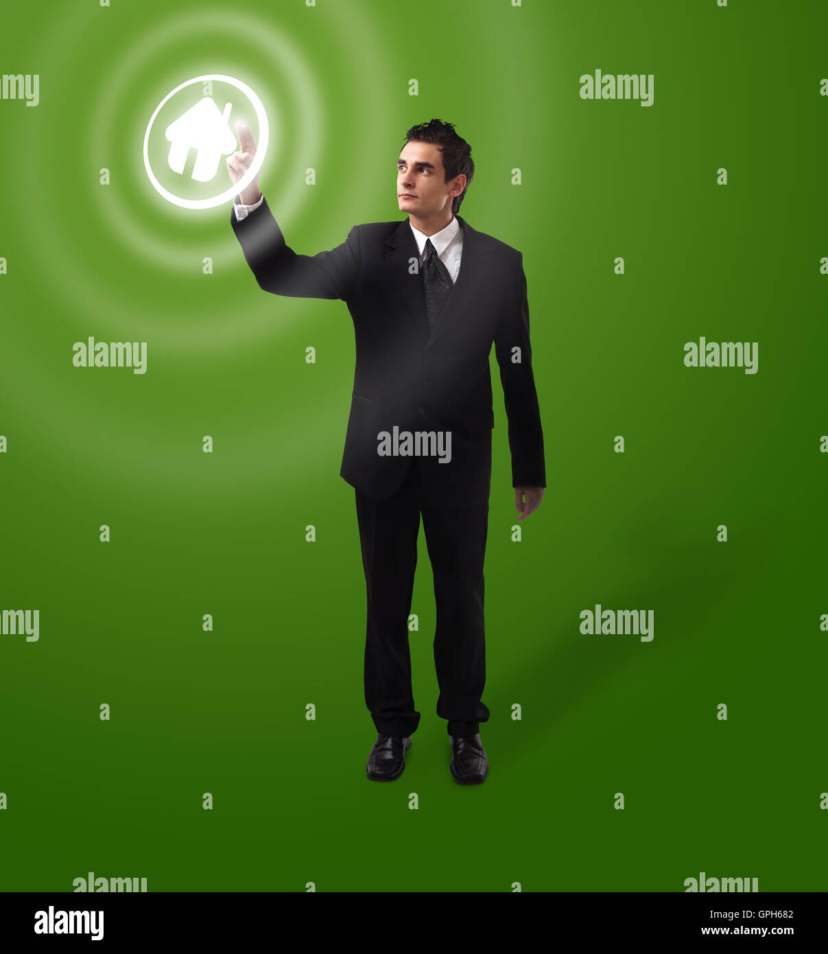 business man pressing button Stock Photo - Alamy