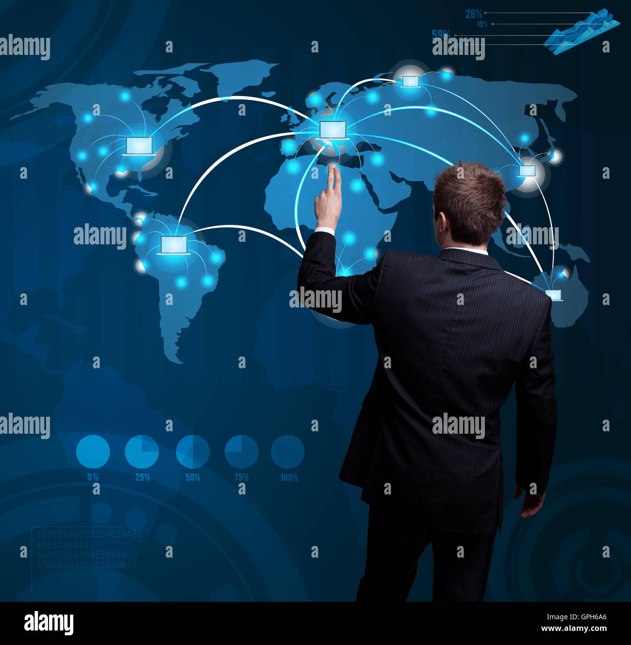 man hand pressing digital button on futuristic map Stock Photo - Alamy