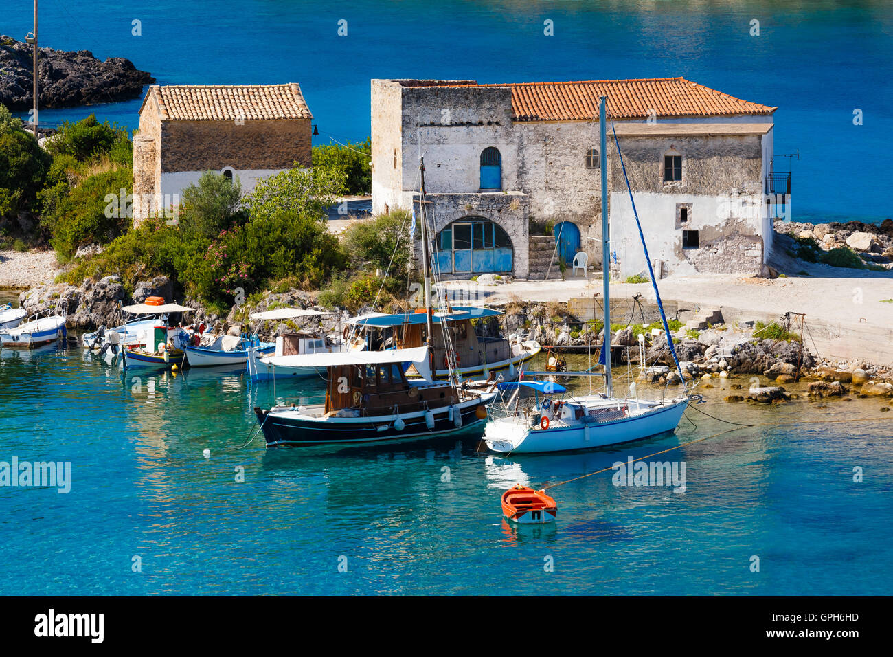 The traditional port of Kardamili town, a coastal town built by the ...