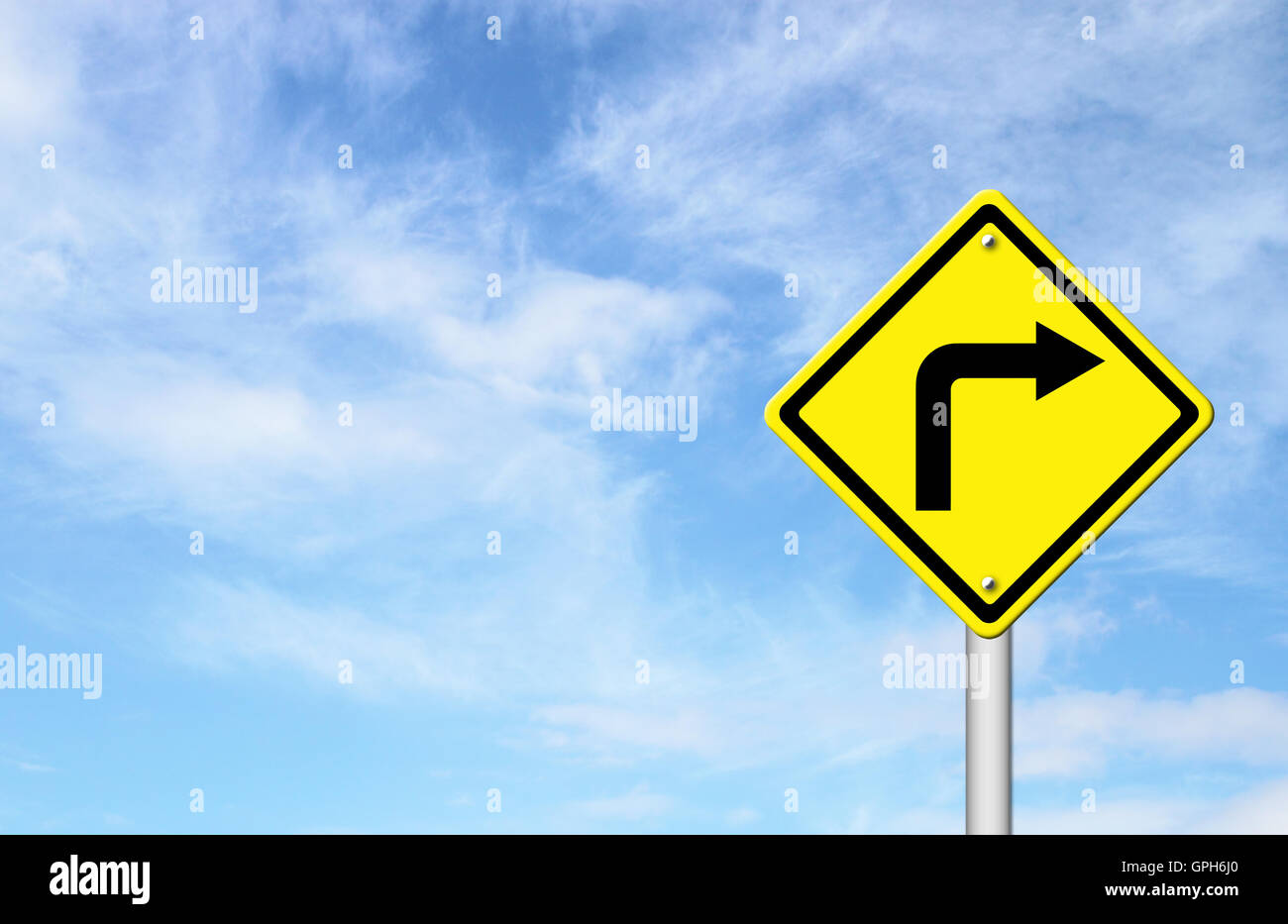 Road Sign - Right Turn Warning with blue sky Stock Photo - Alamy