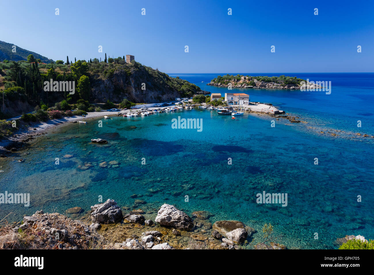 The traditional port of Kardamili town, a coastal town built by the ...