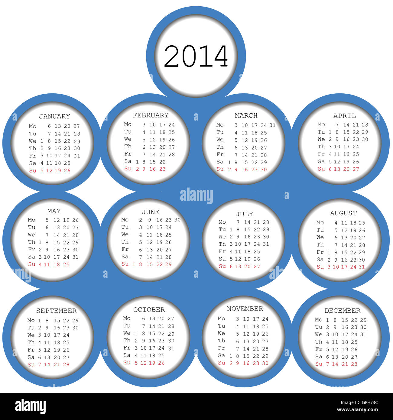 2014 calendar with blue circles Stock Photo - Alamy