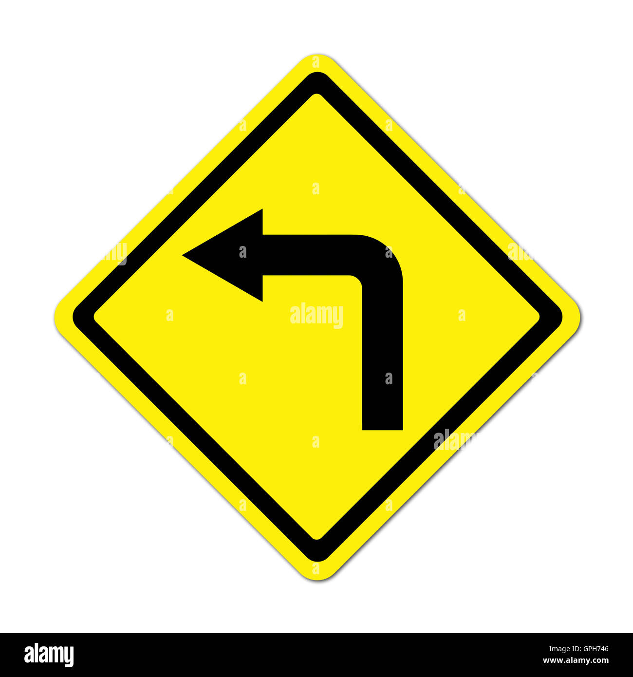 Road Sign - Left Turn Warning Stock Photo - Alamy