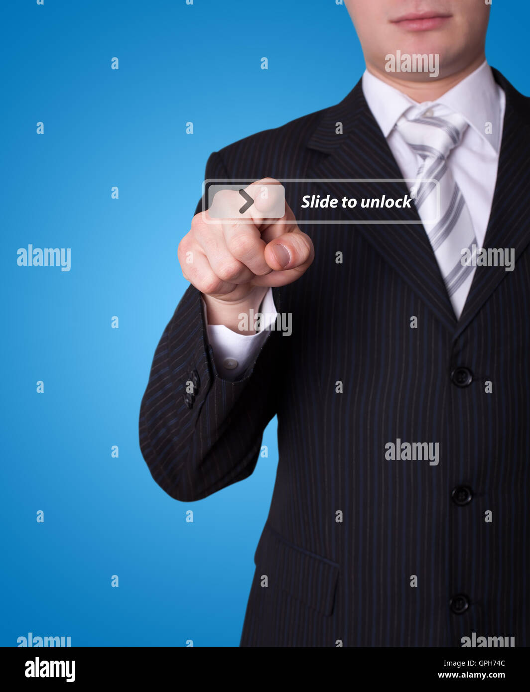 Man pressing touch screen button Stock Photo - Alamy