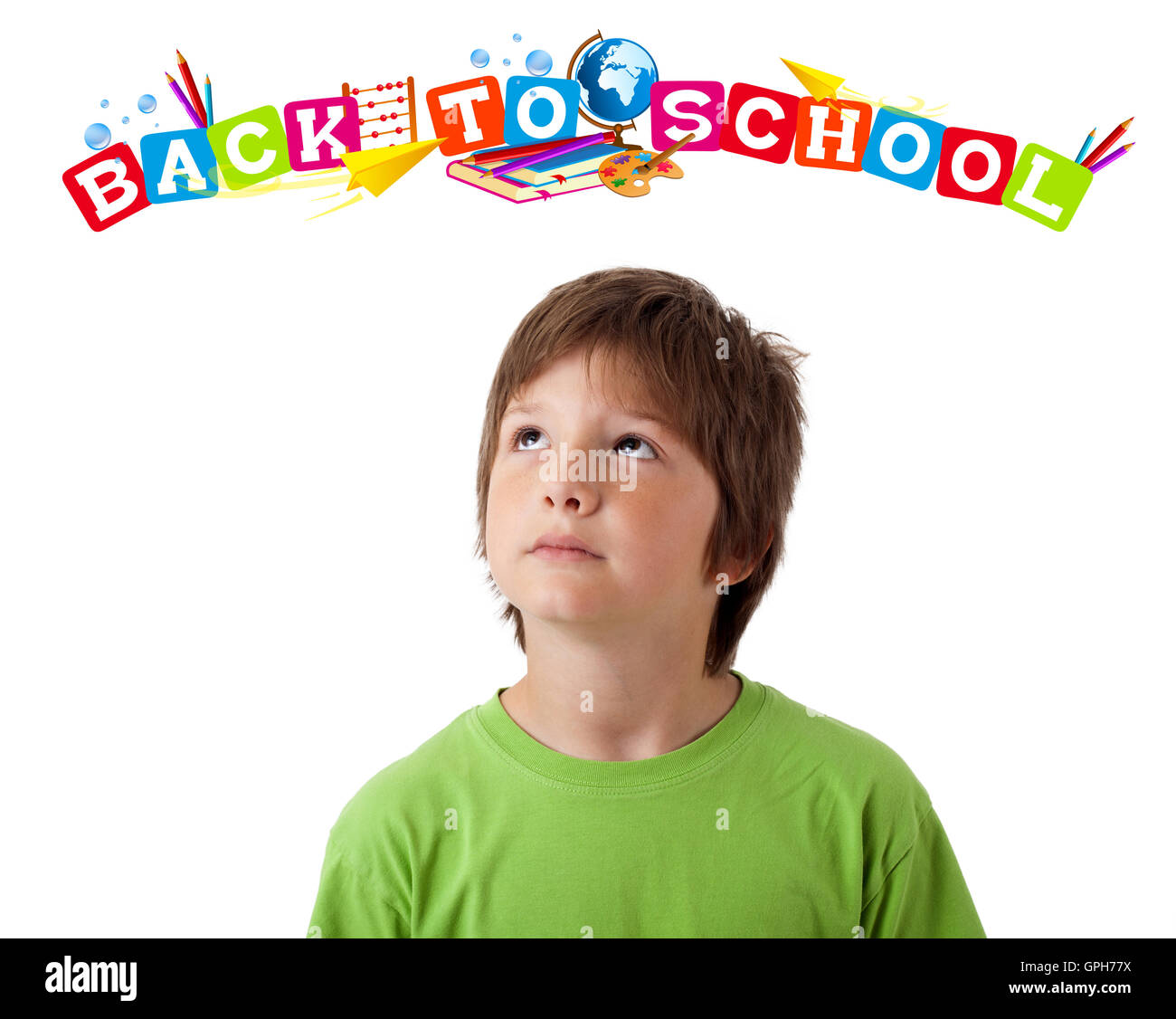 Boy looking with back to school theme isolated on white Stock Photo - Alamy