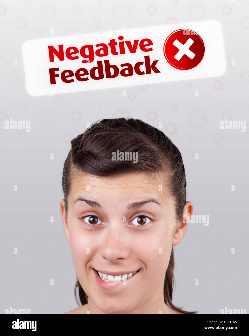 Young girl looking at positive negative signs Stock Photo - Alamy