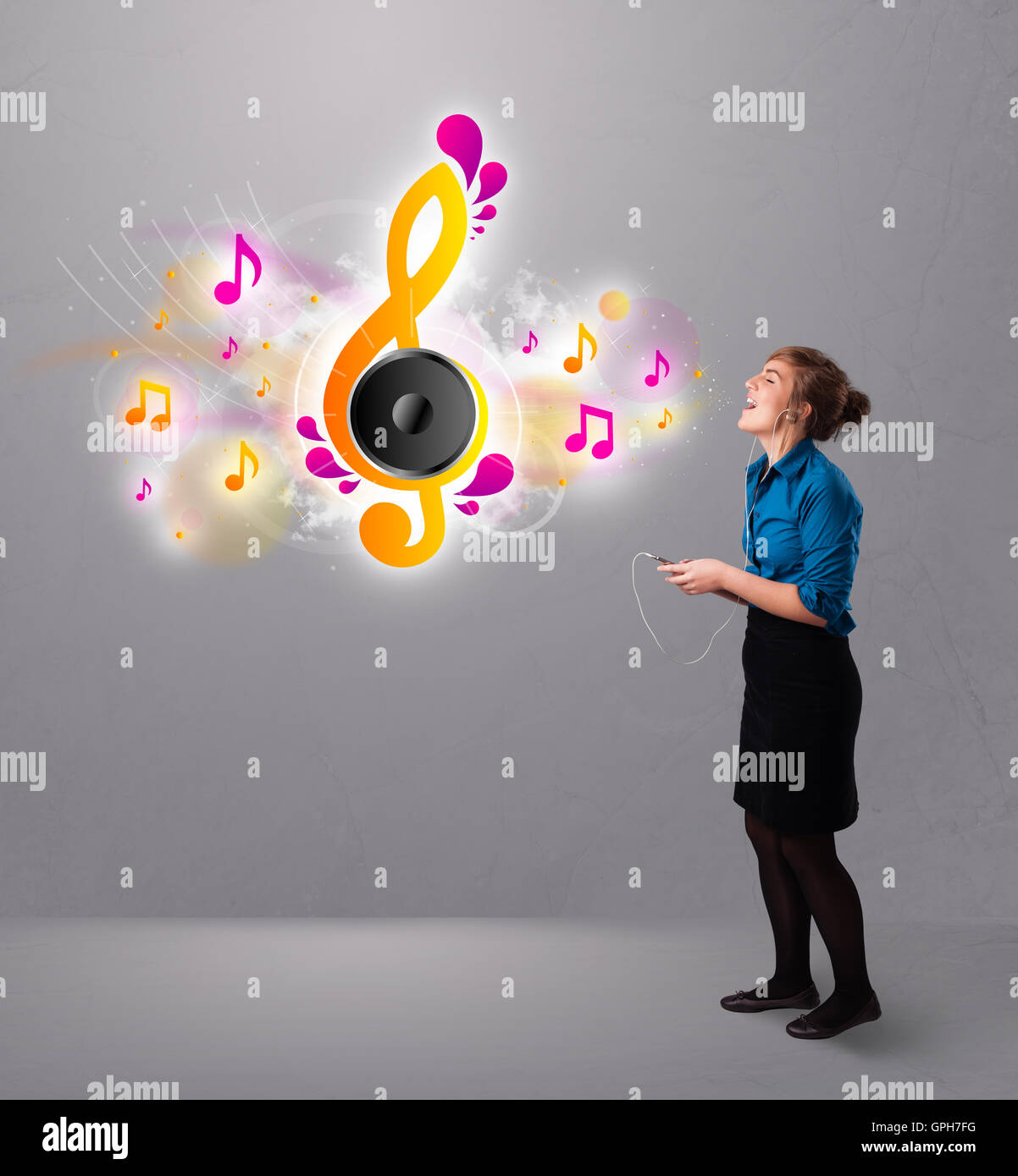 pretty girl singing and listening to music with musical notes Stock ...