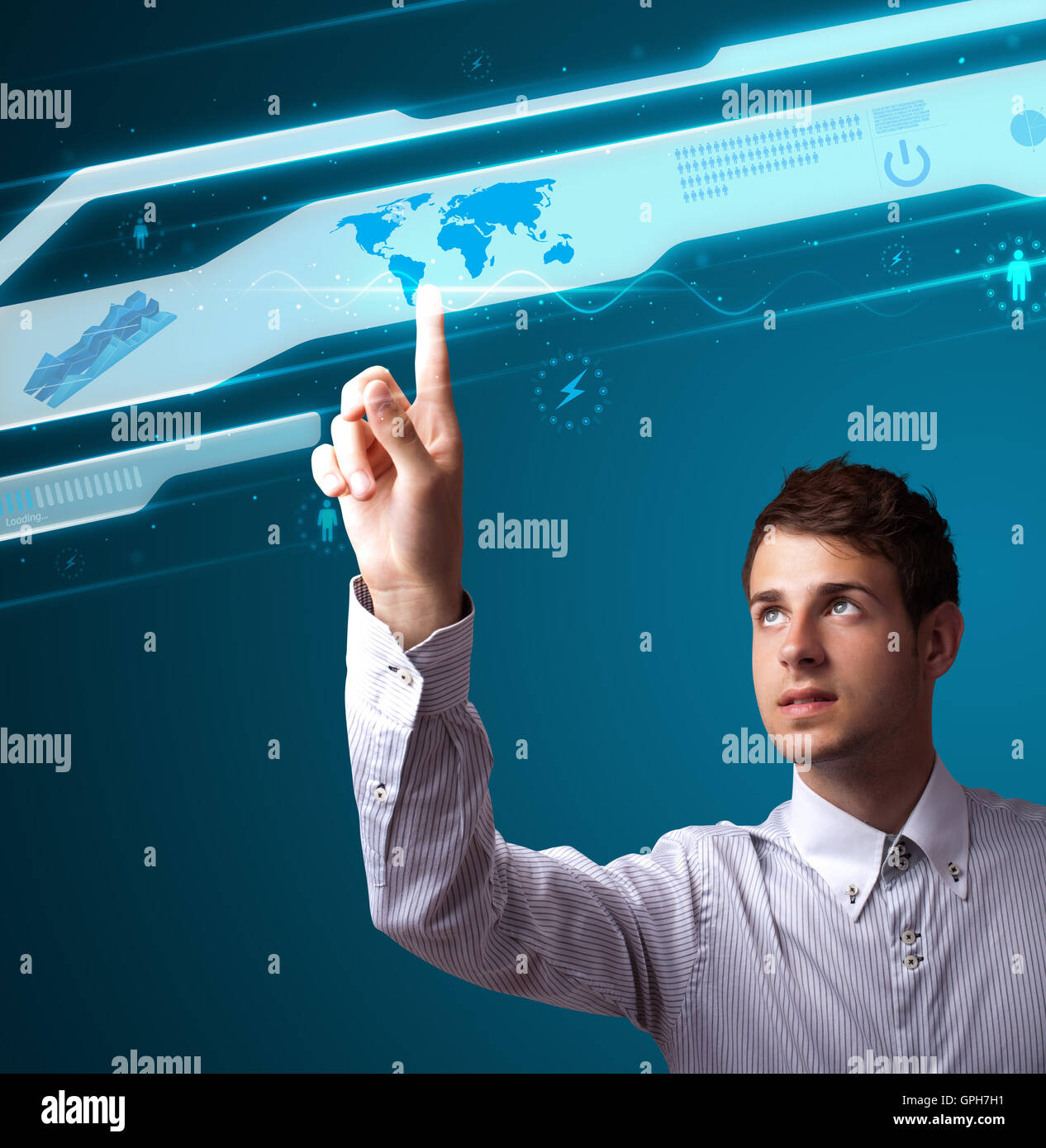 Businessman pressing high tech type of modern buttons Stock Photo - Alamy