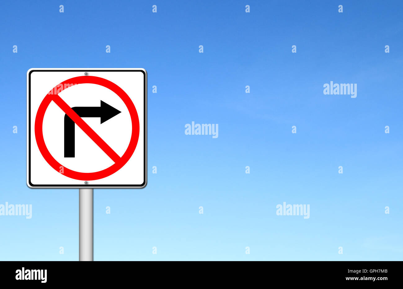 Road sign don't turn right over blue sky Stock Photo - Alamy