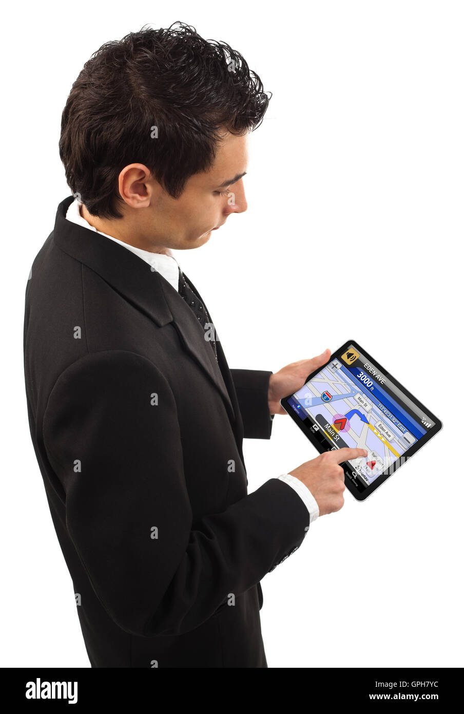 Businessman showing the direction on gps Stock Photo - Alamy