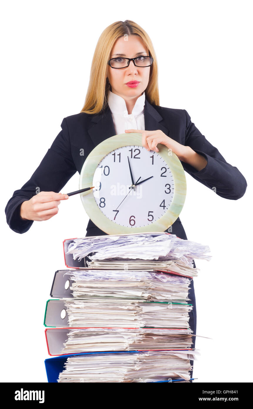 Busy woman with clock on white Stock Photo - Alamy