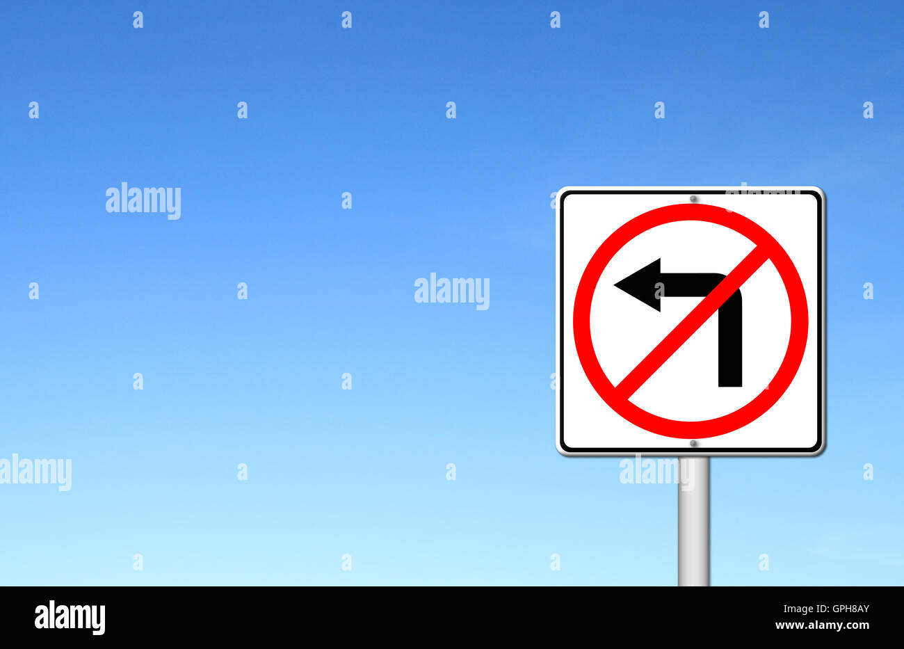 Road sign don't turn left over blue sky Stock Photo - Alamy