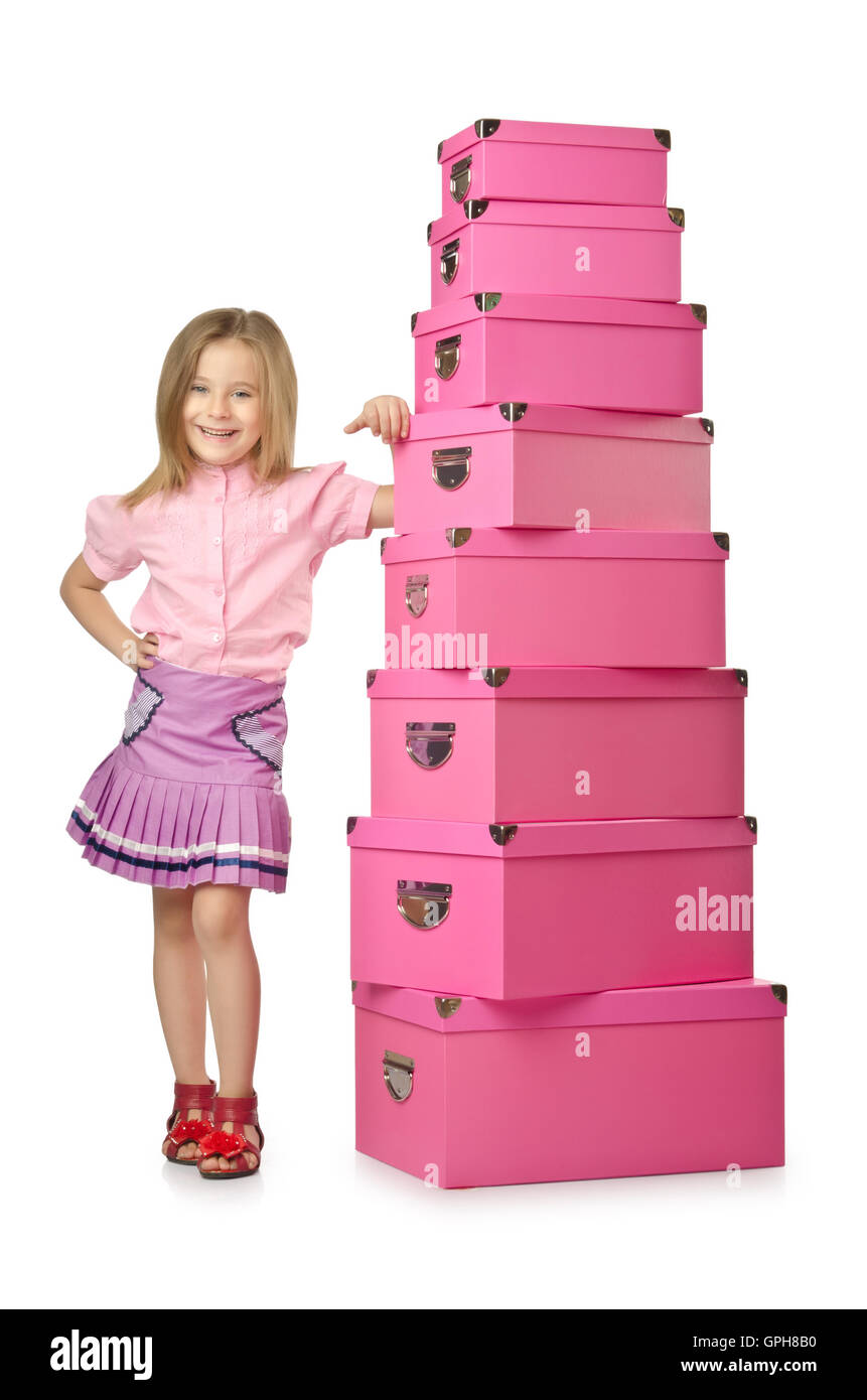 Little cute girl with lots of boxes Stock Photo - Alamy