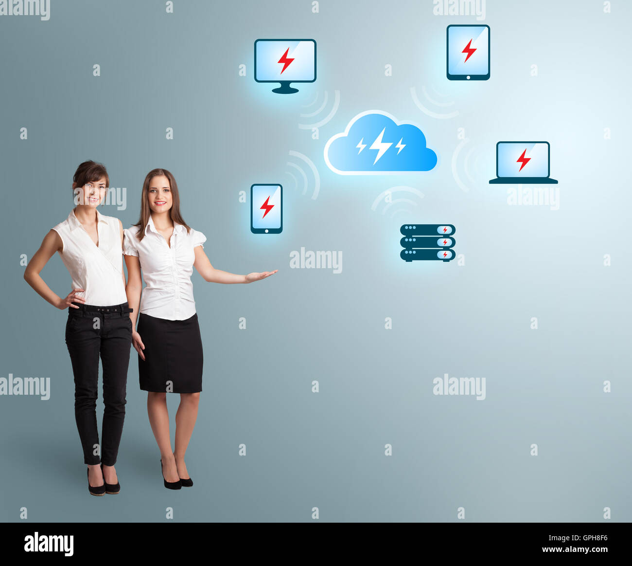 Young women presenting cloud computing network Stock Photo - Alamy