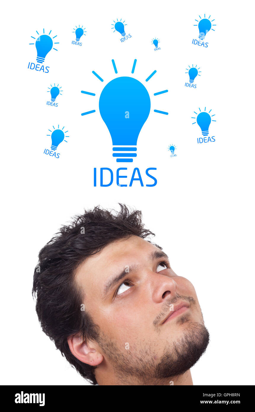 Young person looking at idea type of sign Stock Photo - Alamy