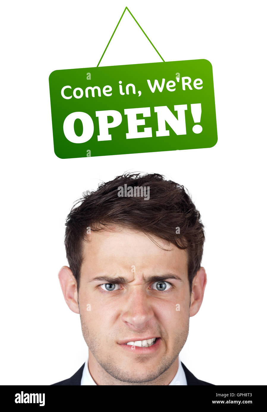 Young persons head looking at closed and open signs Stock Photo - Alamy