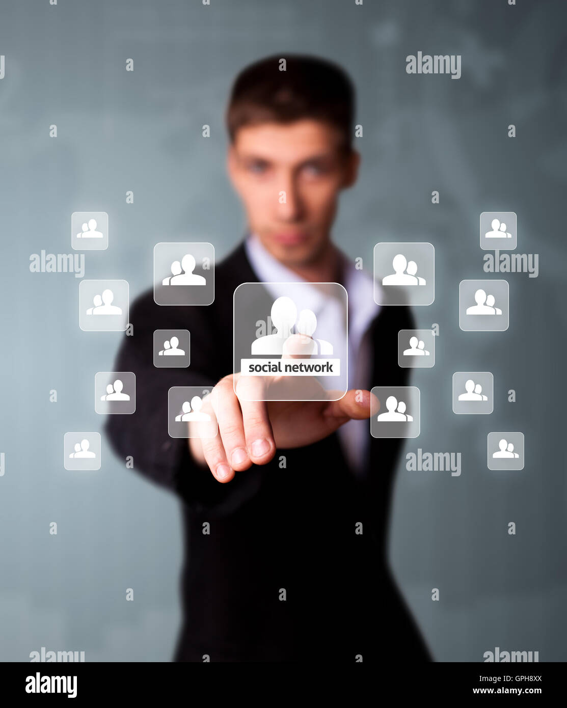 Man pressing social network icon Stock Photo - Alamy