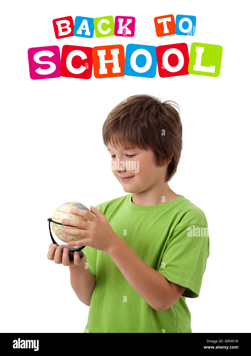 Boy looking with back to school theme isolated on white Stock Photo - Alamy