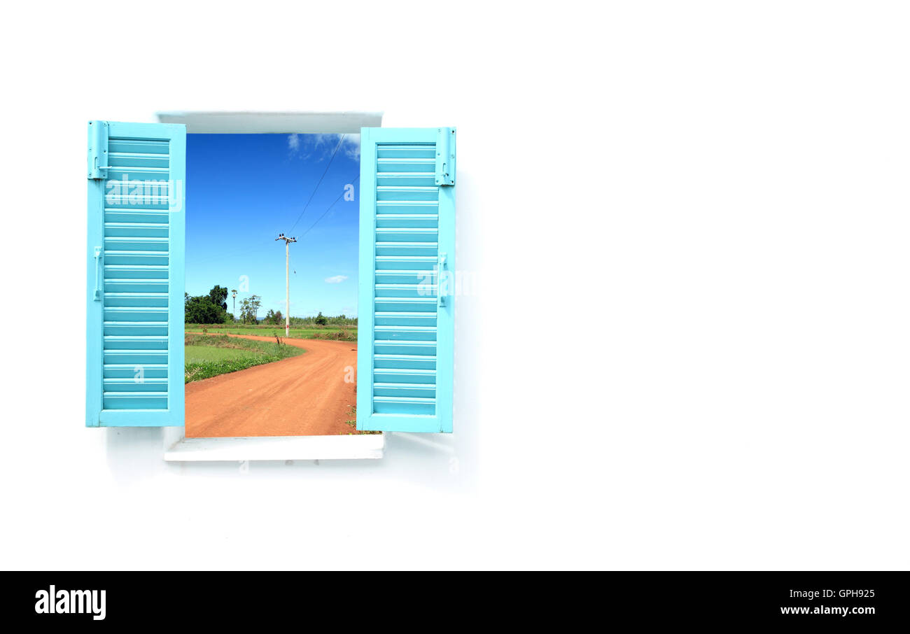 Greek Style windows with soil curve road Stock Photo - Alamy