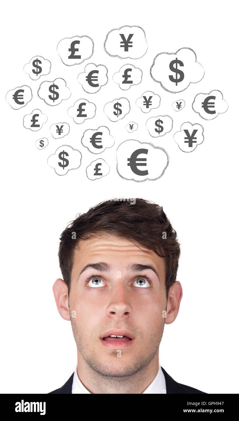 Young persons head looking at business icons and images Stock Photo - Alamy