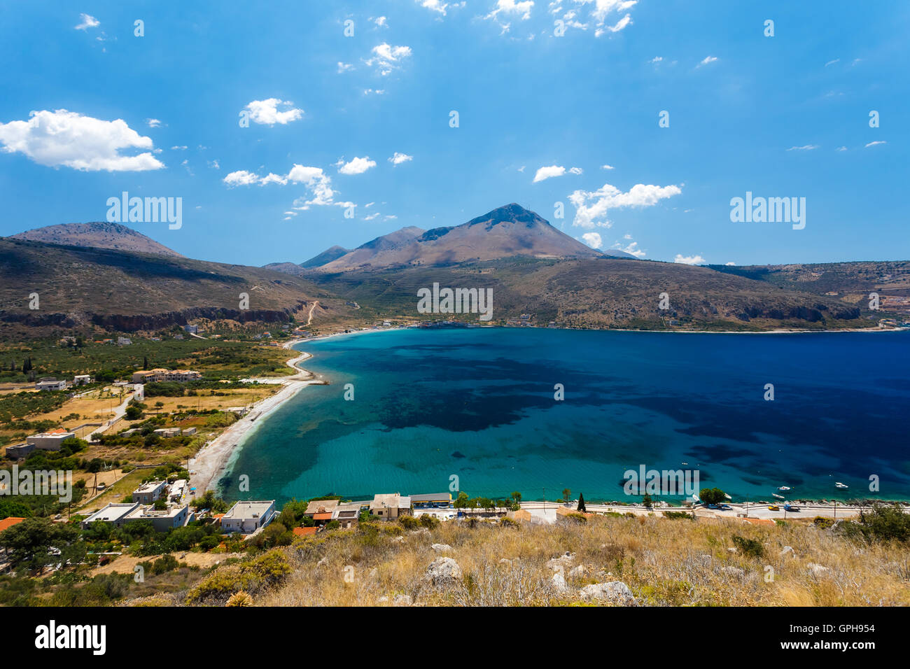 Panoramic view of Neo Itilo bay showcasing the vivid colors of Greek ...