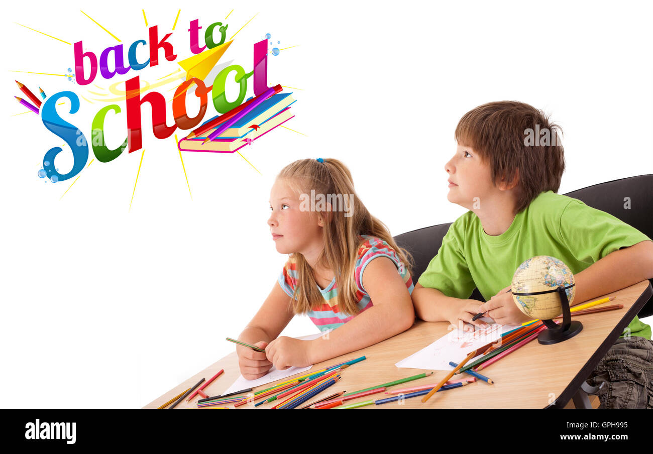 Kids looking with back to school theme isolated on white Stock Photo ...