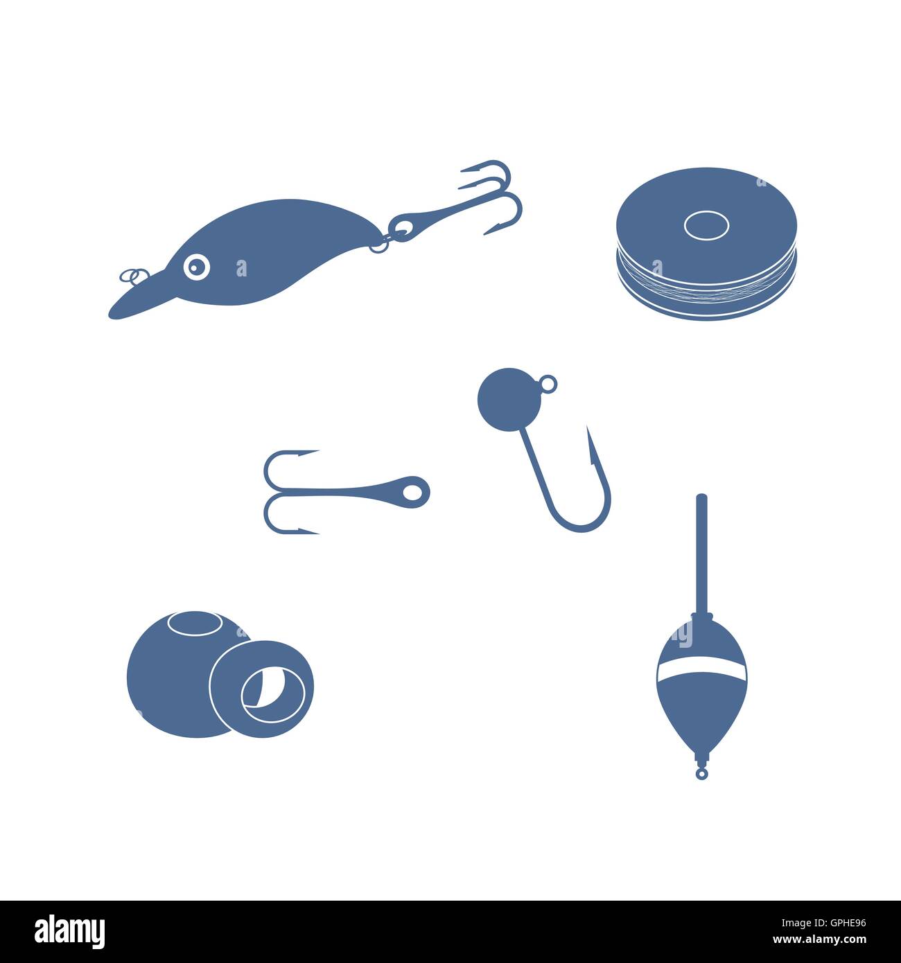 Colorful set of different tools for fishing on a white background Stock ...