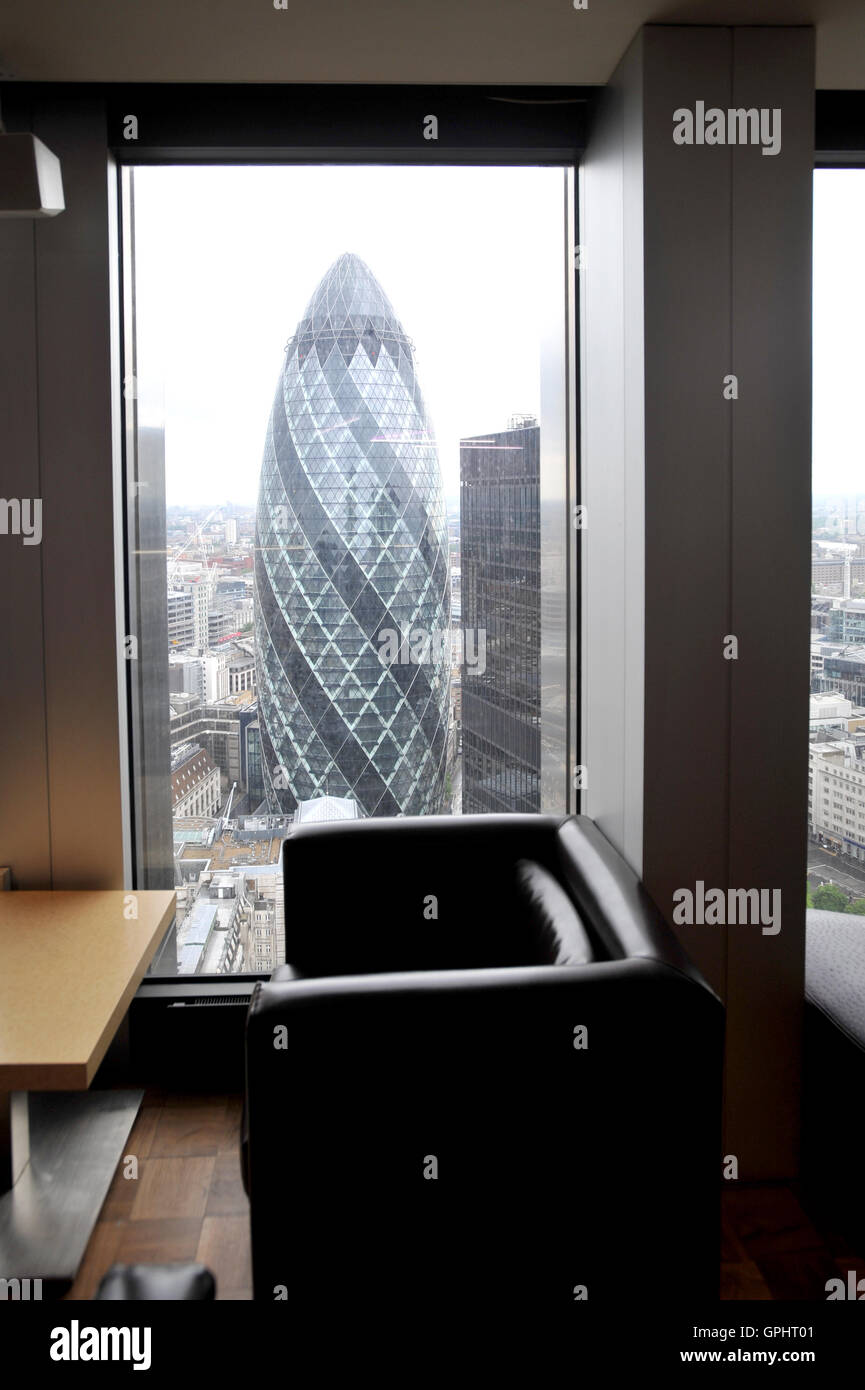 London skyline from high view point of a skyscraper window, The Gherkin ...
