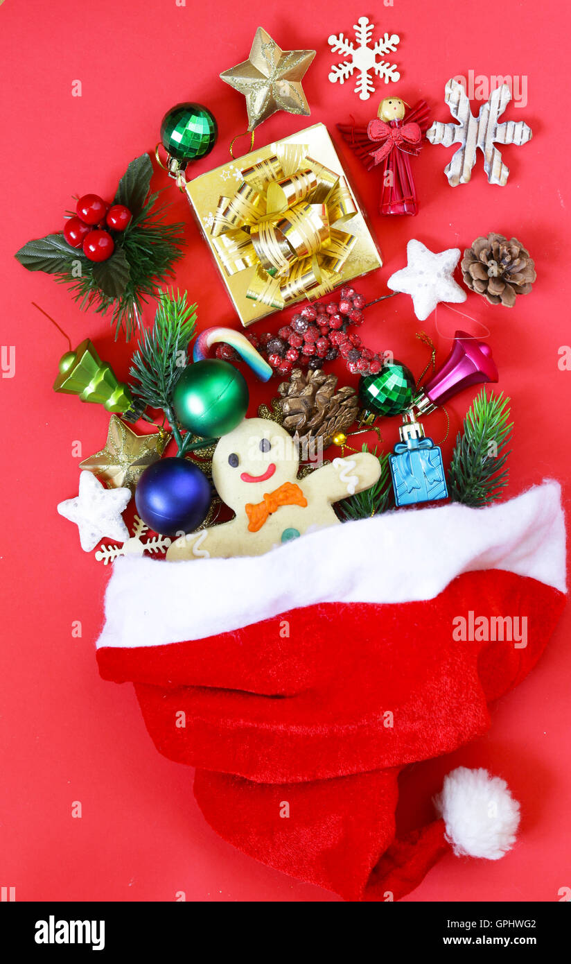 Christmas set - decoration, gifts, candy, gingerbread on the red ...