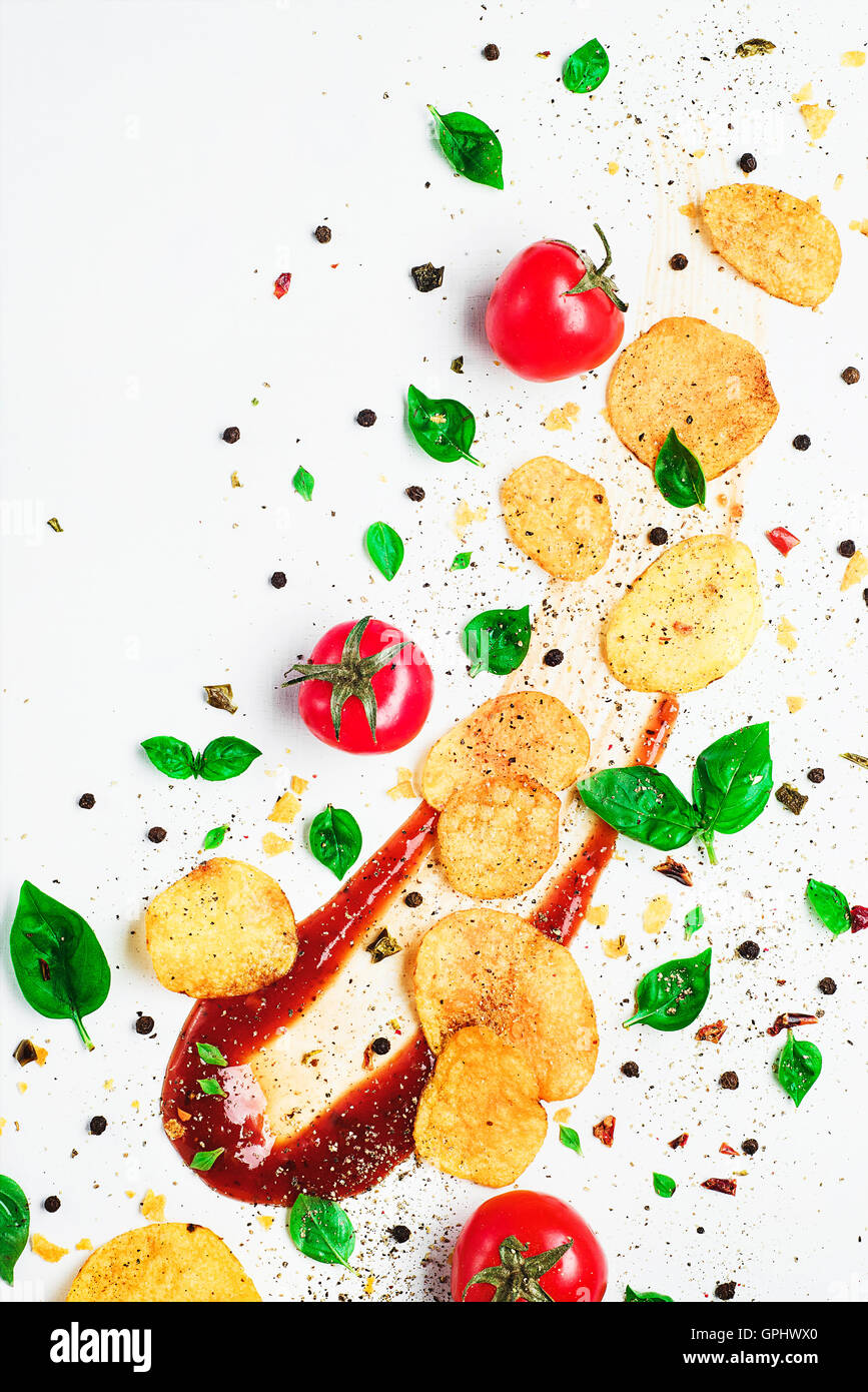 Chips Pattern: basil leaves, pepper and tomatoes with a sauce swoosh ...