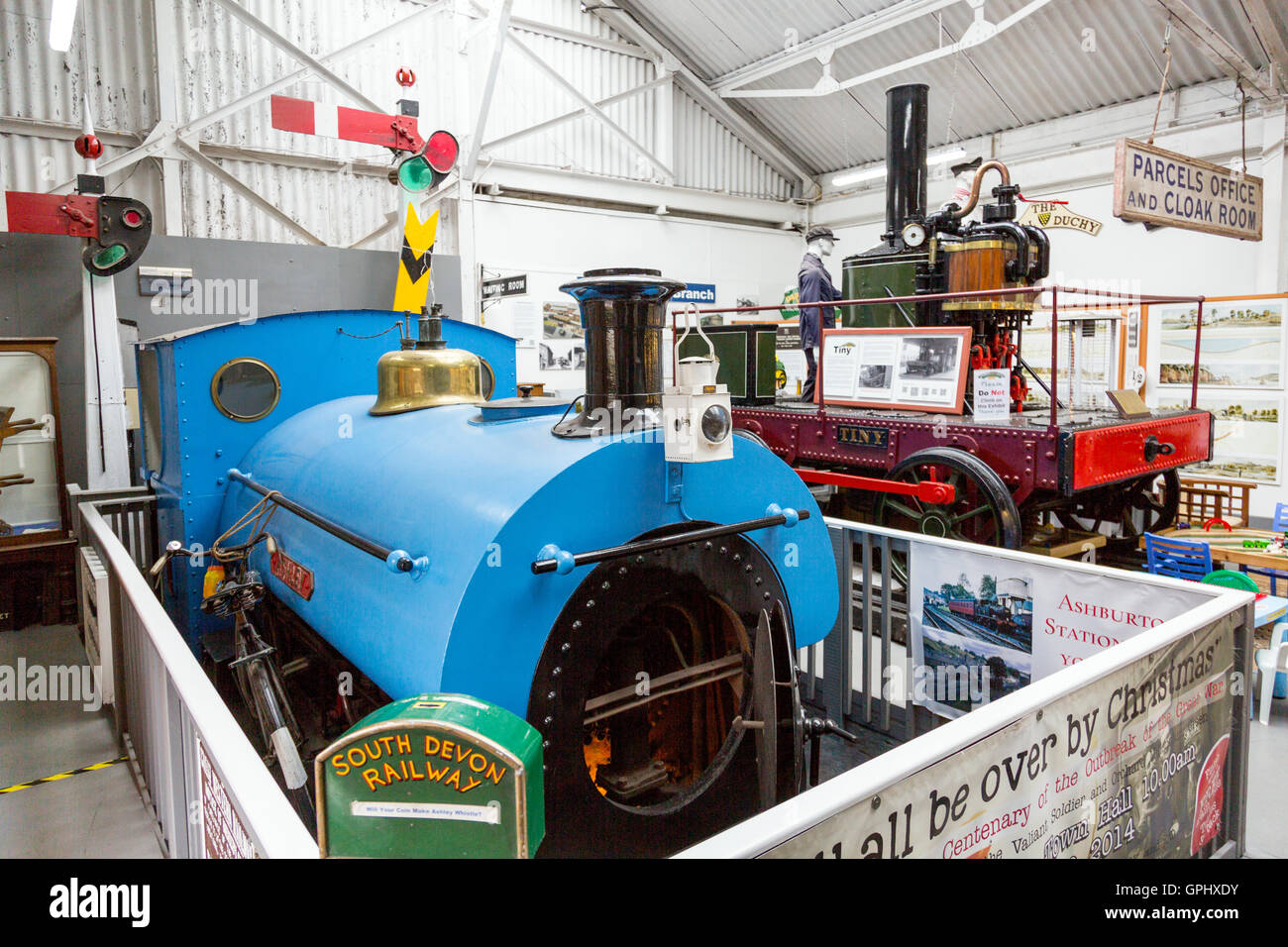 Vintage signs and locomotives in the museum at Buckfastleigh station on ...