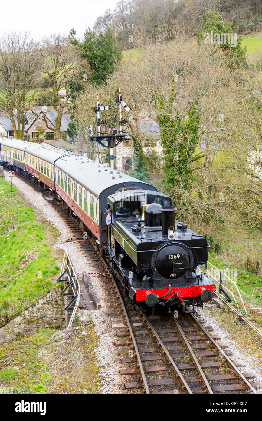 Ex-GWR pannier tank loco 1369 arriving at Buckfastleigh station on the ...